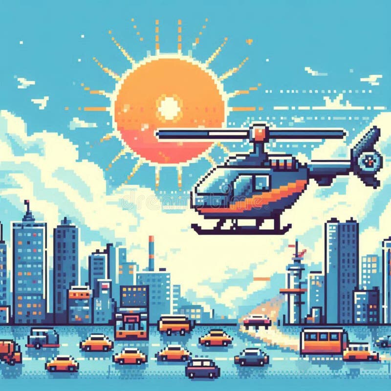Portrait of a Helicopter Flying Over the City, Pixel Art Stock ...