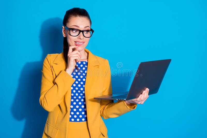 Portrait of Her she Nice Attractive Pretty Doubtful Minded Lady Holding ...