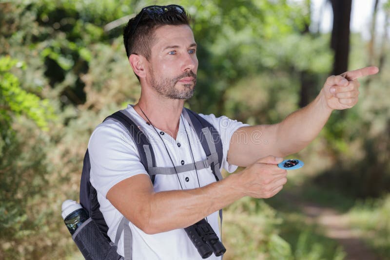 Portrait Hiker Pointing with Finger Stock Image - Image of expression ...
