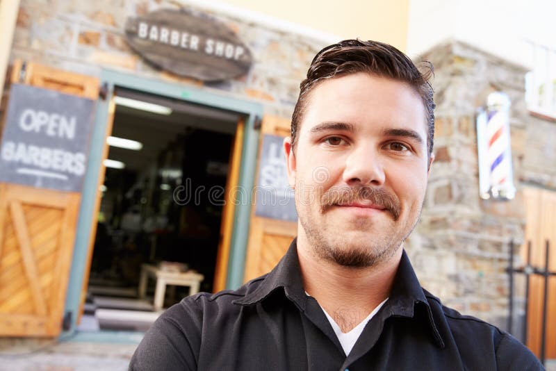 Portrait of Hipster Barber Standing Outside Shop Stock Image - Image of ...