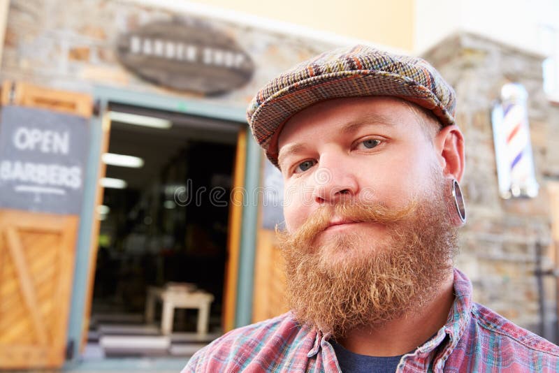Portrait of Hipster Barber Standing Outside Shop Stock Image - Image of ...