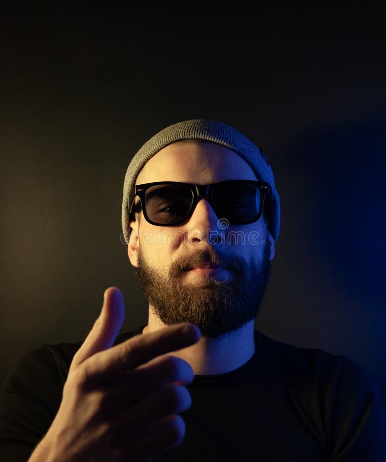 Portrait of a Hipster Guy with Color Light. Hipster Face Portrait in ...