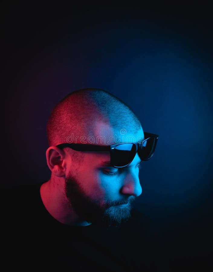Portrait of a Hipster Guy with Color Light. Hipster Face Portrait in ...
