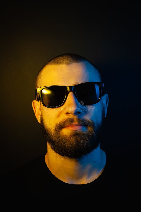 Portrait of a Hipster Guy with Color Light. Hipster Face Portrait in ...