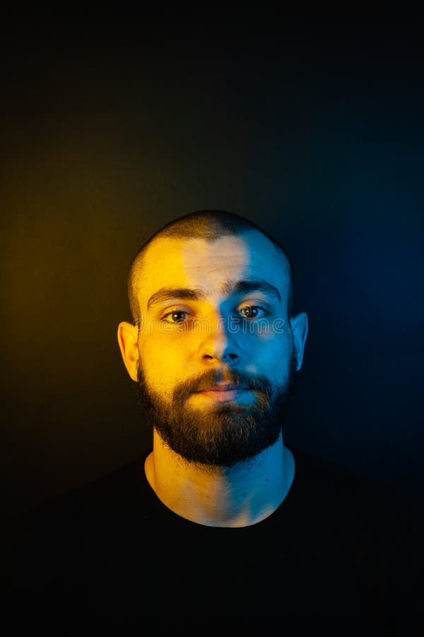 Portrait of a Hipster Guy with Color Light. Hipster Face Portrait in ...