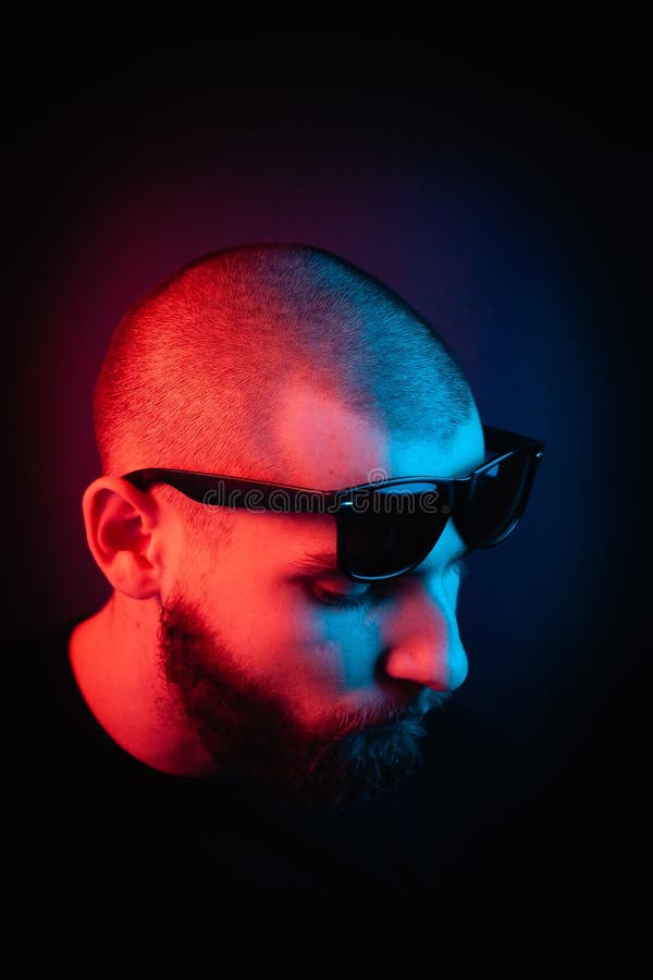 Portrait of a Hipster Guy with Color Light. Hipster Face Portrait in ...
