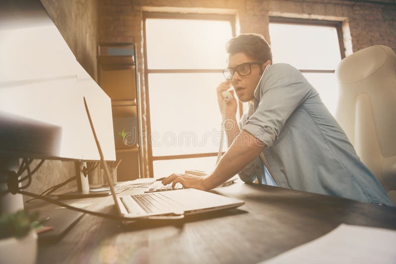 Portrait of His he Nice Attractive Busy Overwhelmed Guy Digital Manager ...