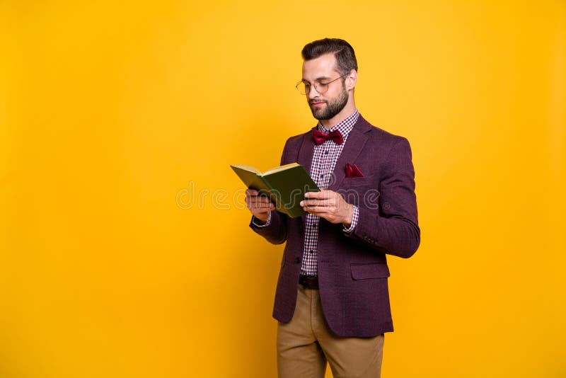 Portrait of His he Nice Attractive Focused Intellectual Guy Reading ...