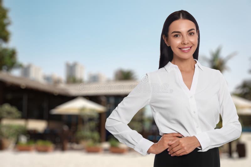 Portrait of Hostess in Uniform and Blurred View of Restaurant on Sunny ...