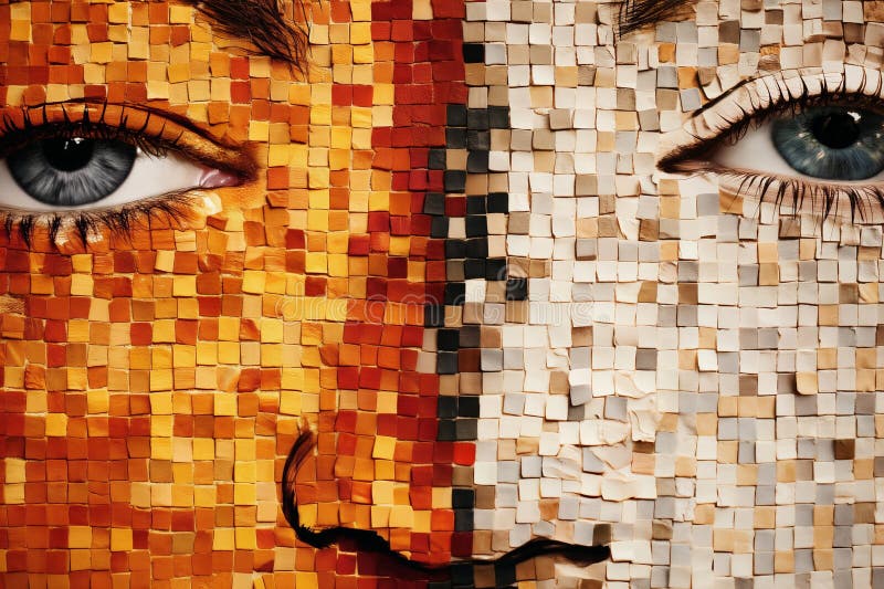 Portrait of a Human Face Made of a Mosaic of Square Shapes and Cubes As ...