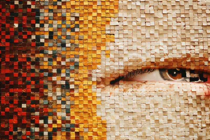 Portrait of a Human Face Made of a Mosaic of Square Shapes and Cubes As ...