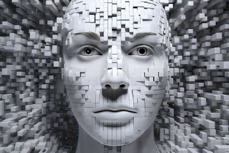 Portrait of a Humanoid Android with 3D Cubes and Shapes, and Particles ...