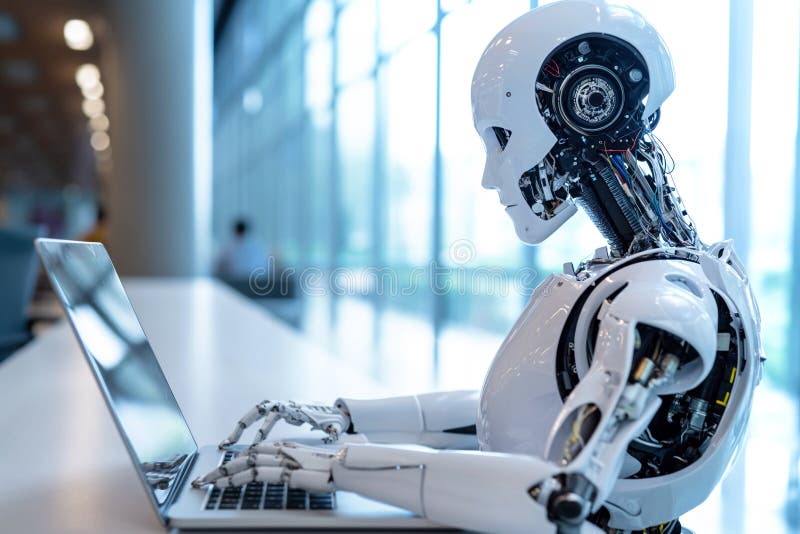 Portrait of Humanoid Bio Robot Which Works with Laptop Using Artificial ...