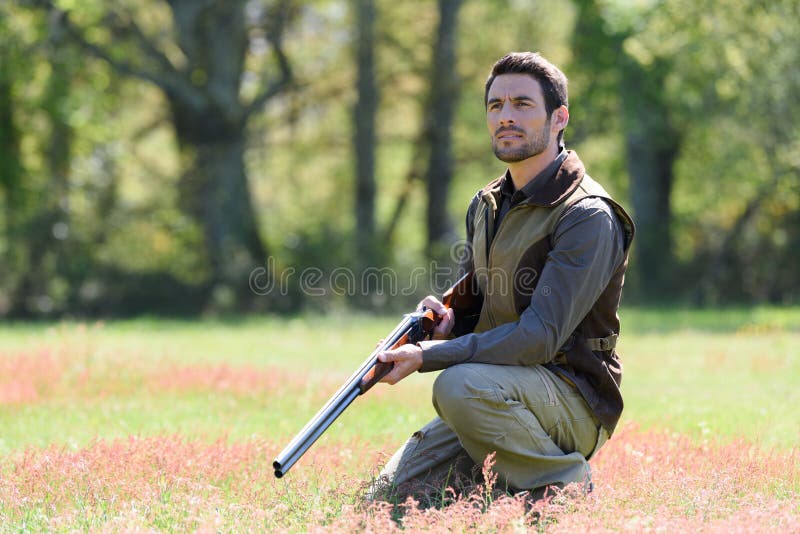 Portrait Hunter Positioning Gun Stock Photo - Image of recreation ...