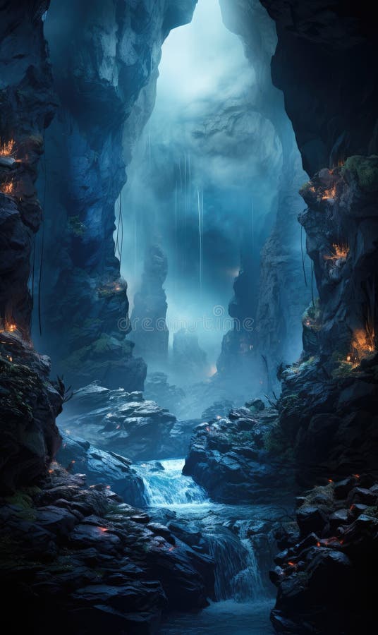 An Open Cave with a Water Stream Flowing through Stock Image - Image of ...