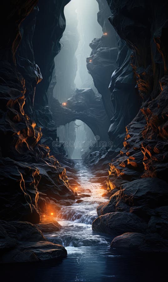 An Open Dark Cave with a Water Stream Flowing through Stock ...