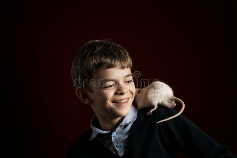 Portrait Image of a Boy with a White Rat Stock Photo - Image of nature ...