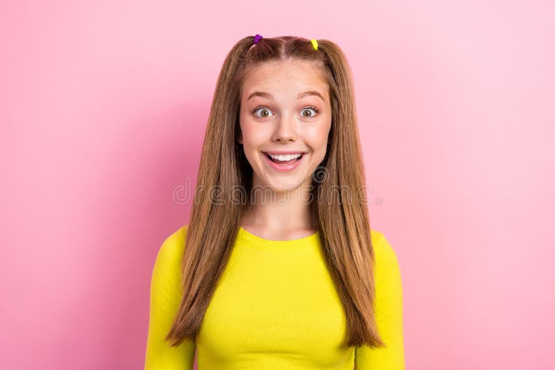 Portrait Of Impressed Cute Optimistic Girl With Straight Hairdo Wear