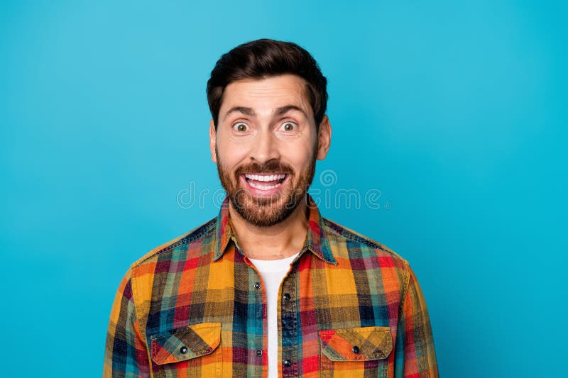 Portrait Of Impressed Eccentric Guy With Stubble Wear Checkered Shirt