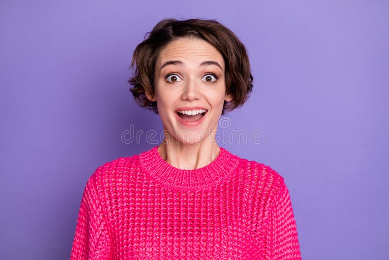 Portrait Of Impressed Girl Open Mouth Wear Pink Sweater Isolated On