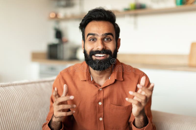 Portrait of Indian Man Talking Looking at Camera at Home Stock Image ...