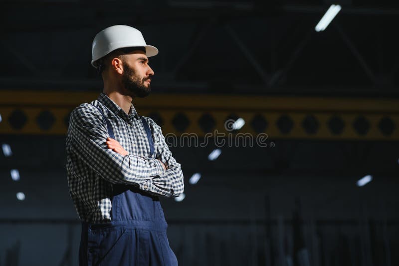 Portrait of Industrial Engineer. Factory Worker with Hard Hat Standing ...