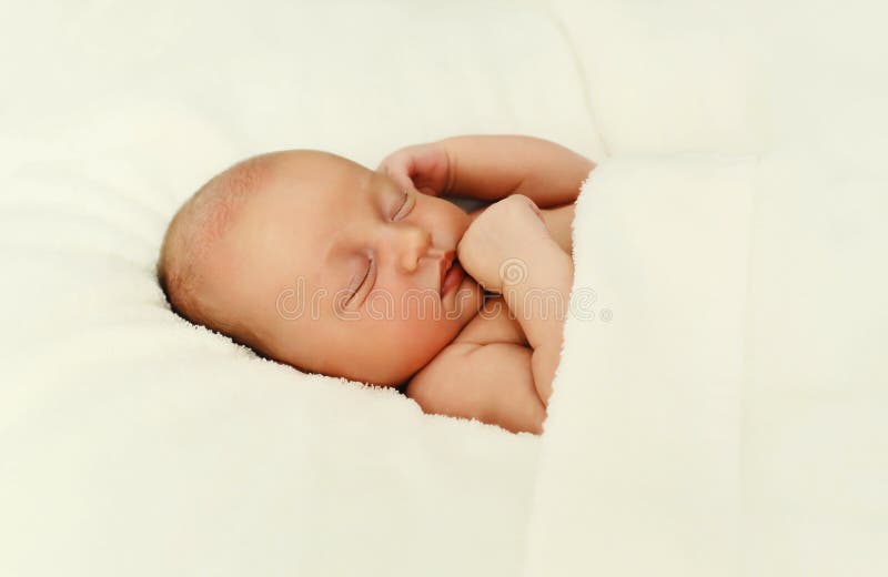 Portrait of Infant Sweet Sleeping Lying on White Bed at Home Stock ...