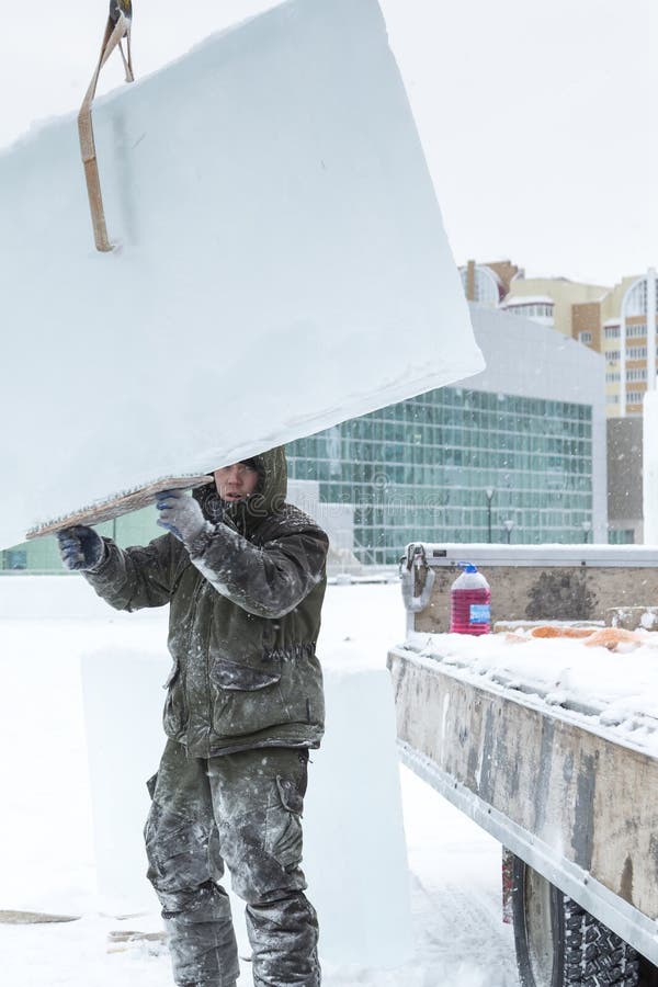 Portrait of Installer at Unloading Ice Blocks Stock Image - Image of ...