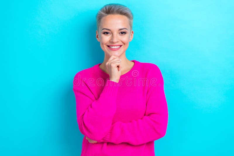 Portrait Of Intelligent Pretty Girl With Dyed Hairdo Wear Knit Sweater