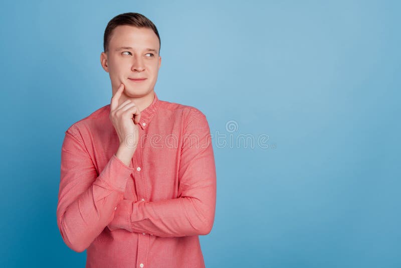 Portrait of Interested Playful Guy Finger Cheek Look Side Blank Space ...