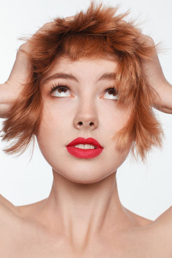 Portrait of Interesting Female Model with Red Lips Stock Image - Image ...