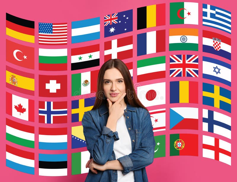 Portrait of Interpreter and Flags of Different Countries on Pink ...