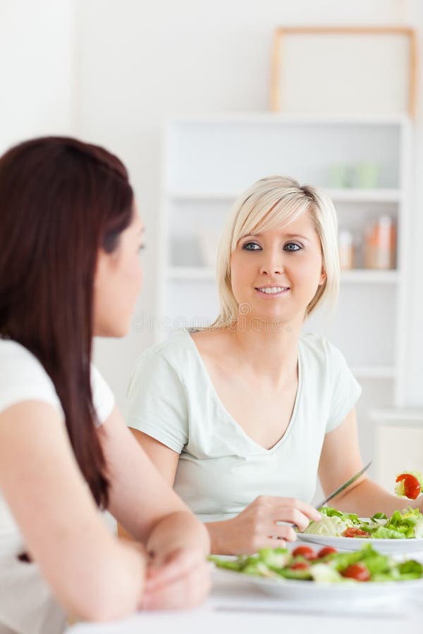 Portrait of Joyful Women Eating Salad Stock Photo - Image of happy ...