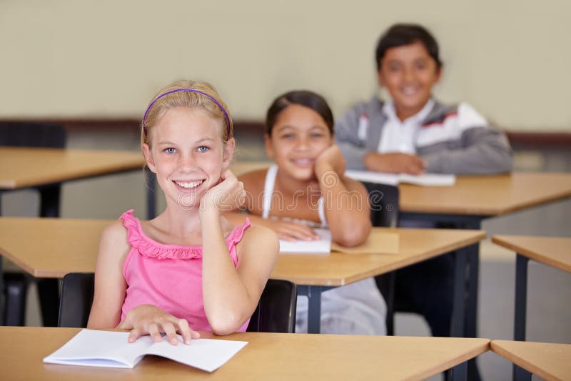 Portrait, Kids and Smile of Student in Classroom with Book, Ready To ...