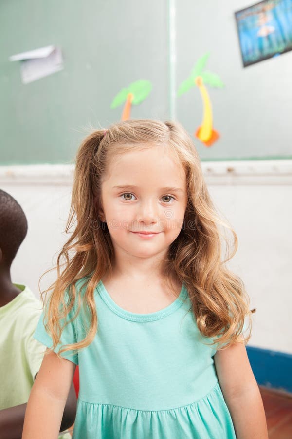 Portrait of a Kindergarten Girl Stock Image - Image of smiling, finger ...