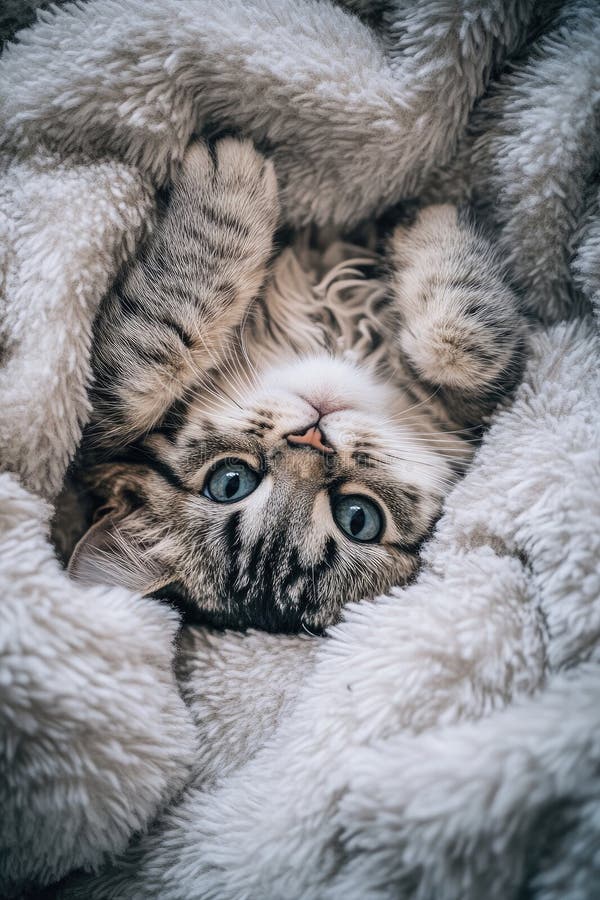Portrait of a Kitten on a Blanket Looking into the Frame. Selective ...