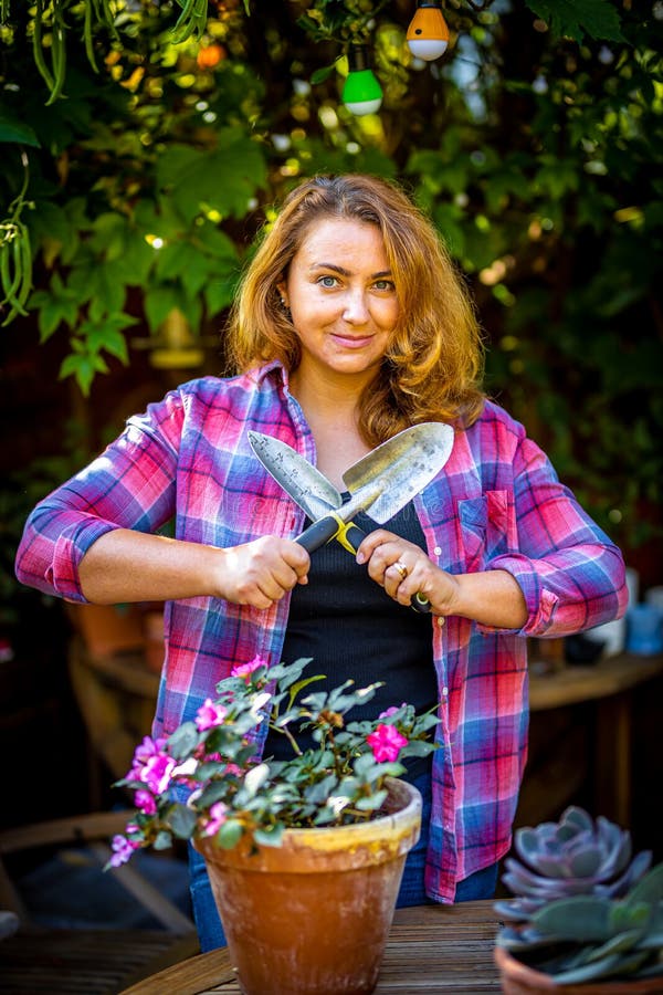Portrait of Lady in the Back Garden Stock Image - Image of gardening ...