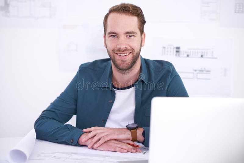 Portrait, Laptop and Blueprint with Architecture Man in Office with ...