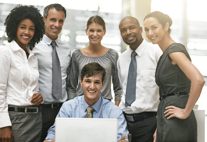 Portrait, Laptop and a Group of Business People Working Together in ...