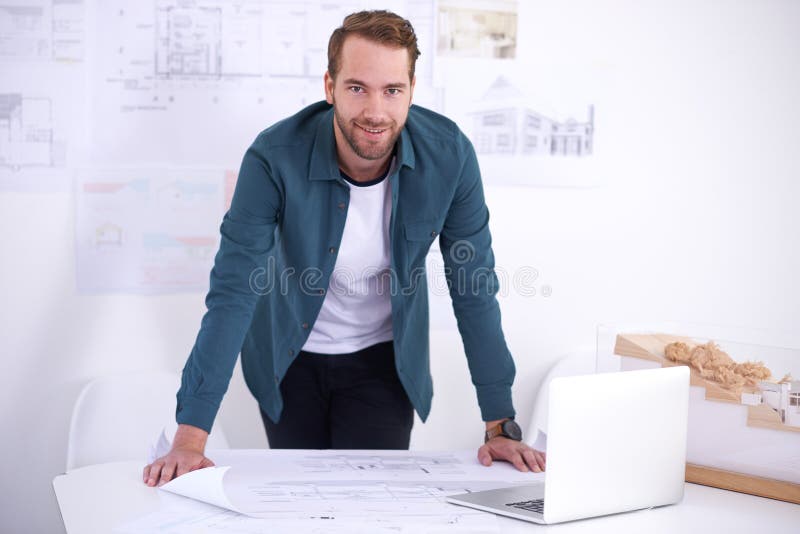 Portrait, Laptop and Layout with Architect Man in Office with Documents ...