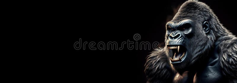 Portrait of a Large Silverback Gorilla while Roaring Isolated on Black ...