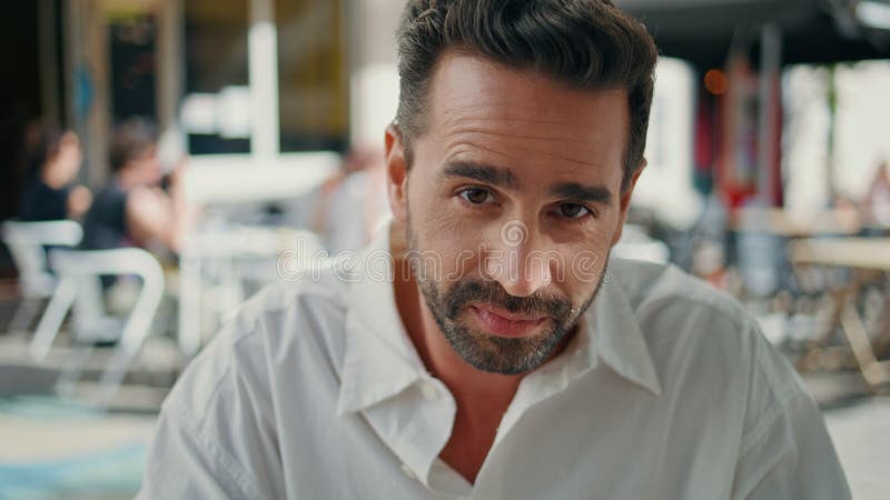 Portrait Latin Man Posing On Sunny Street Smiling Bearded Guy Looking