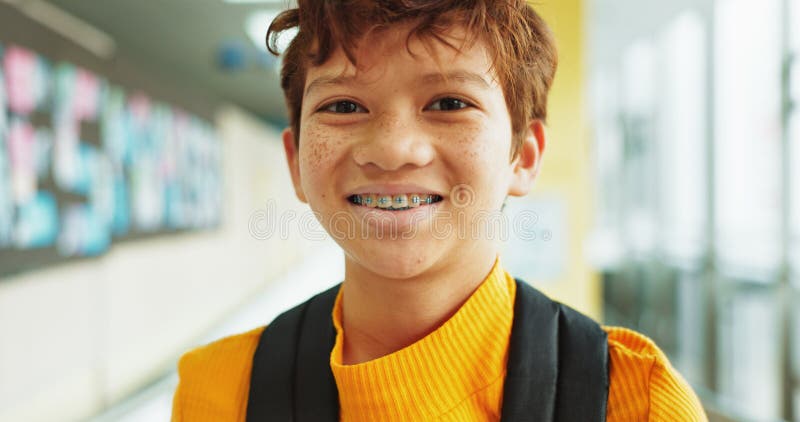Portrait, Learning and Boy with Braces, Student and Confidence with ...