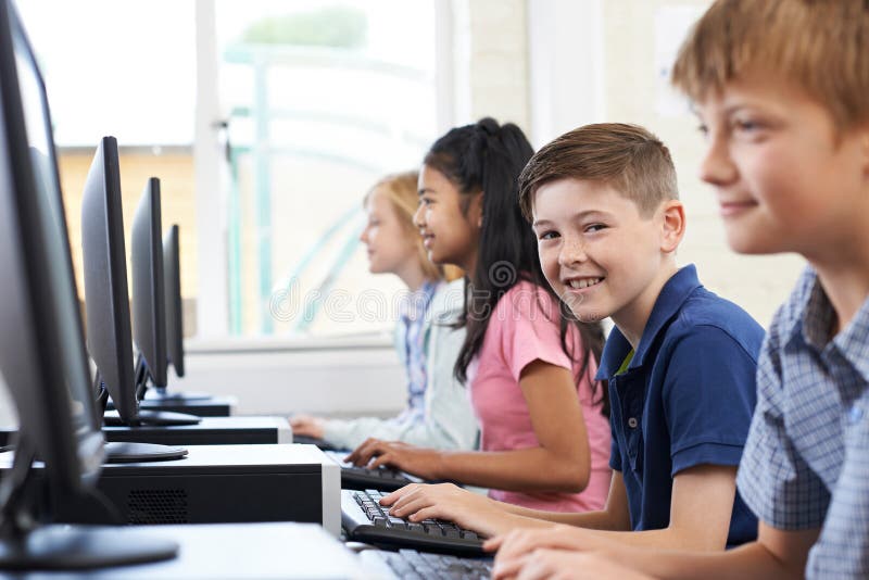 Portrait of Line of Elementary Pupils in Computer Class Stock Image ...
