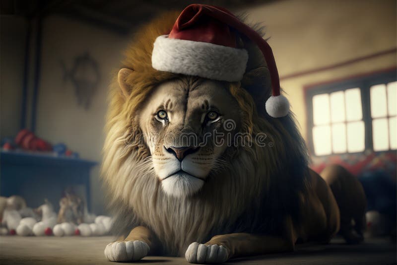 Portrait of a Lion with Santa Hat Stock Illustration - Illustration of ...