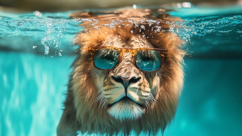 Portrait of a Lion with Sunglasses Swimming in a Swimming Pool Stock ...
