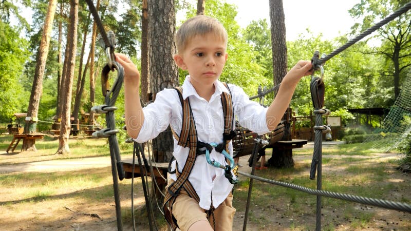 Portrait of Little Boy Crossing the Rope Bridge between Two Trees in ...