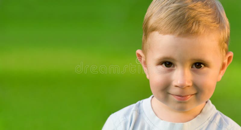 Portrait of Little Boy on Green Grass Field Stock Image - Image of ...