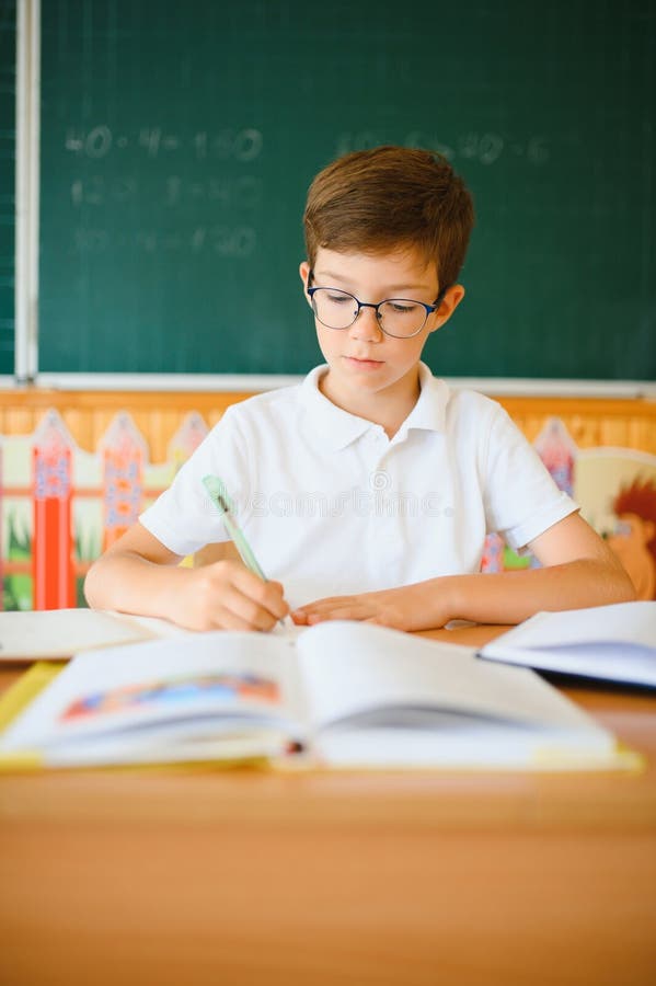 Portrait of Little Boy Studying in Classroom at School Stock Photo ...