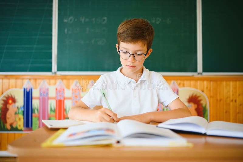 Portrait of Little Boy Studying in Classroom at School Stock Photo ...
